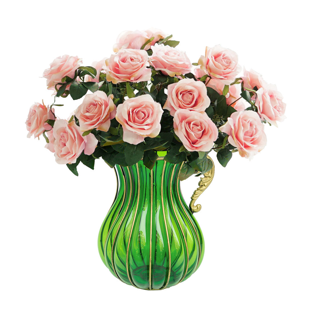 SOGA Green Colored Glass Flower Vase with 4 Bunch 9 Heads Artificial F