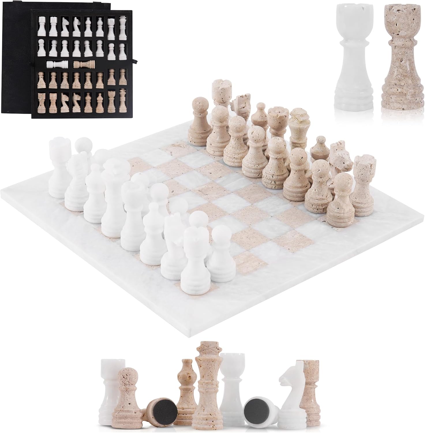 Travertine Marble Chess Set 12'' White and Travertine with Storage Box